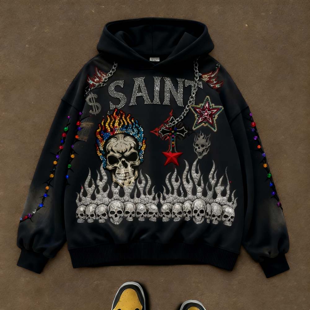 Hooded Skull-print Sweatshirt With Diamond Embellishments – rawdrip